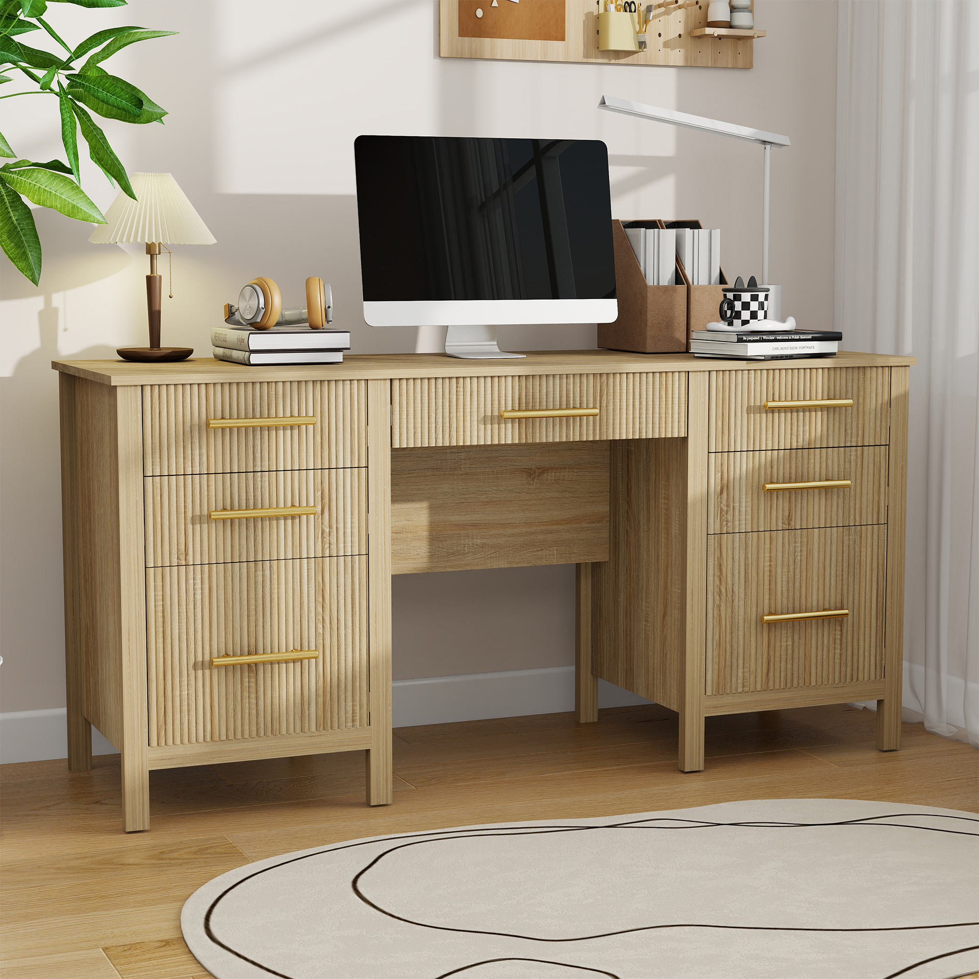 Ebern Designs Large Wooden Desk With 7 Drawers Modern: 60" Oak ...